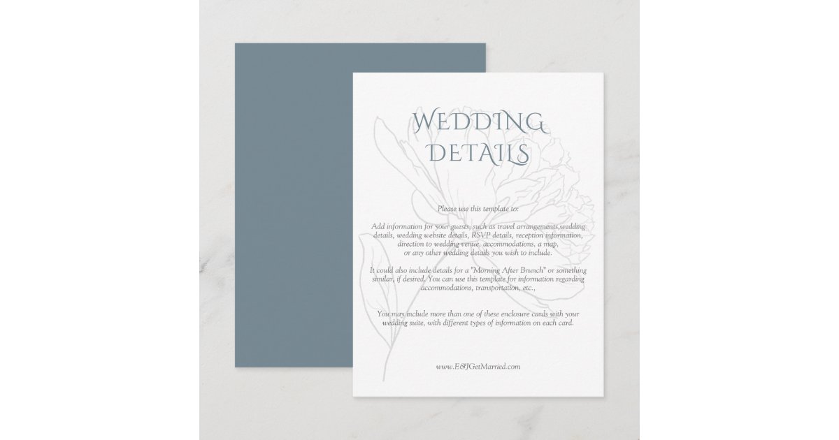 Elegant Dusty Blue Line Art Floral Wedding Details Enclosure Card | Zazzle
