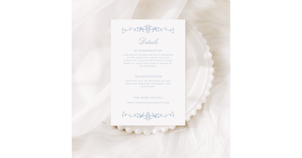 Elegant Dusty Blue Line Art Wedding Details Enclosure Card | Zazzle