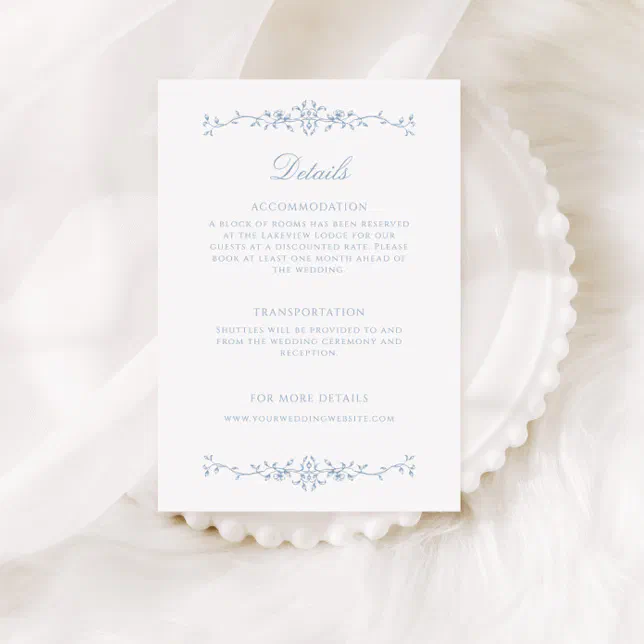 Elegant Dusty Blue Line Art Wedding Details Enclosure Card | Zazzle