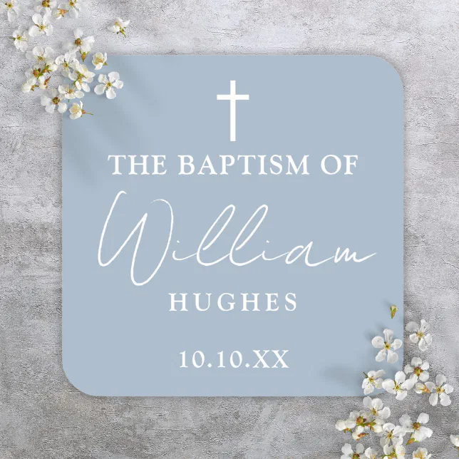 Elegant Dusty Blue Minimalist Baptism Christening Square Sticker | Zazzle