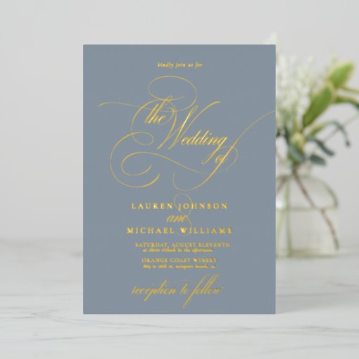 Elegant Dusty Blue Modern Calligraphy Wedding Foil Foil Invitation | Zazzle