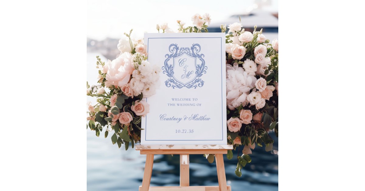 Elegant Dusty Blue Monogram Crest Wedding Welcome Foam Board | Zazzle