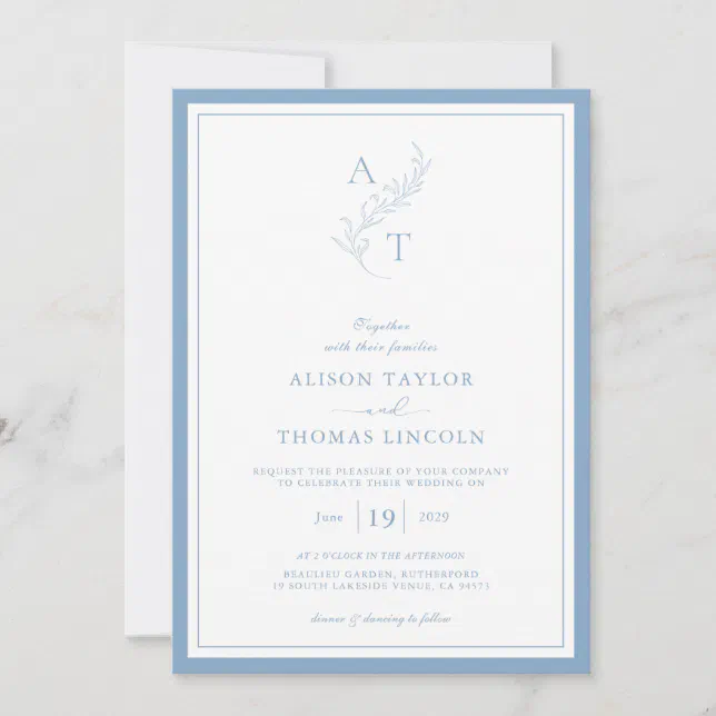 Elegant Dusty Blue Monogram Wedding Frame Invitation | Zazzle