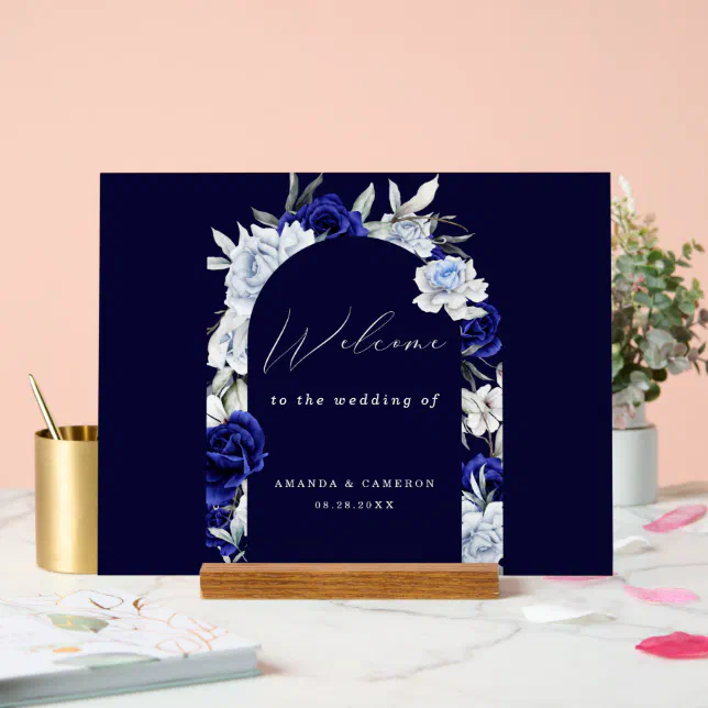 Elegant Dusty Blue Navy Floral Wedding Welcome Acrylic Sign | Zazzle