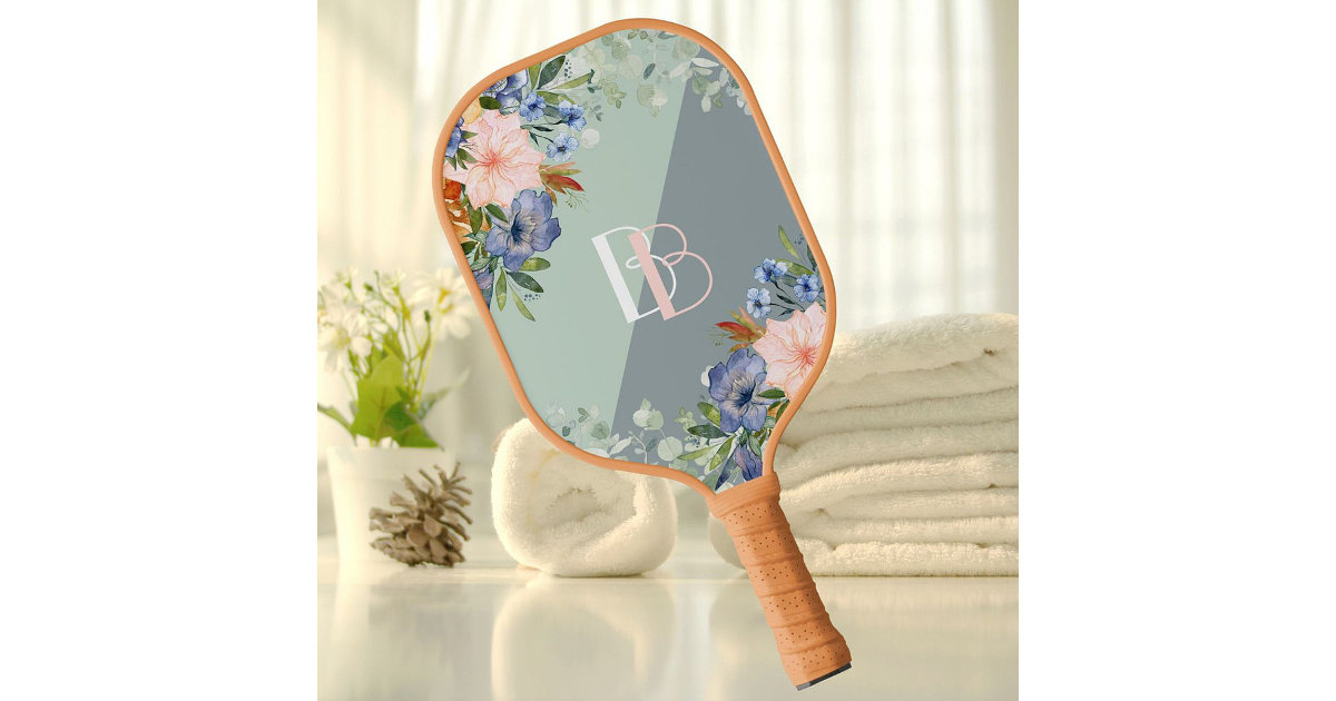 Elegant Dusty Blue Pink Floral Monogram Pickleball Paddle | Zazzle
