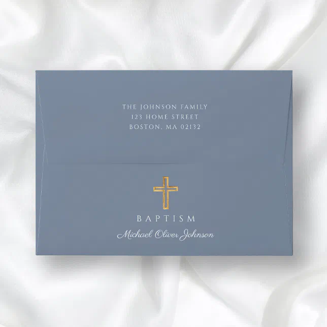 Elegant Dusty Blue Religious Cross Boy Baptism Envelope | Zazzle