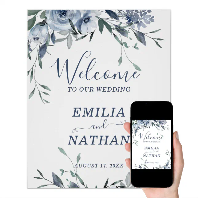 Elegant Dusty Blue Roses with Greenery Welcome Poster | Zazzle
