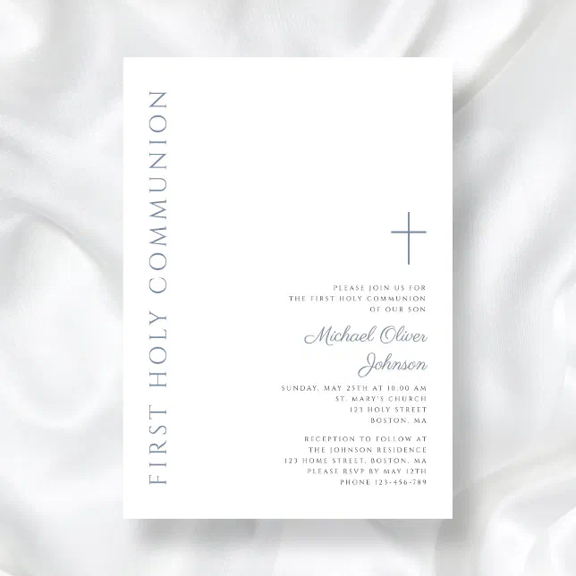 Elegant Dusty Blue Script First Holy Communion Invitation | Zazzle