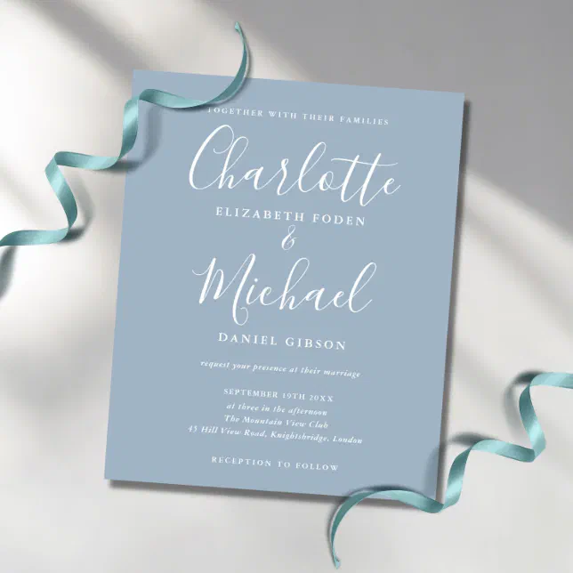 Elegant Dusty Blue Signature Wedding Invitation | Zazzle