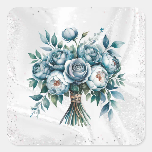 Elegant Dusty Blue Silver Bouquet Wedding Square Sticker | Zazzle