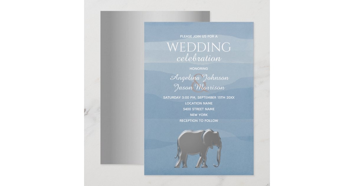 Elegant Dusty Blue Silver Elephant Wedding Invitation | Zazzle