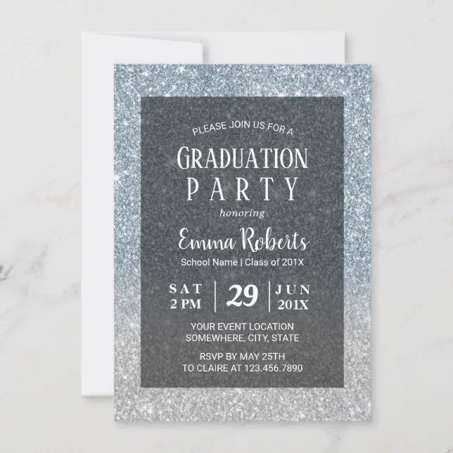 Elegant Dusty Blue & Silver Glitter Graduation Invitation | Zazzle