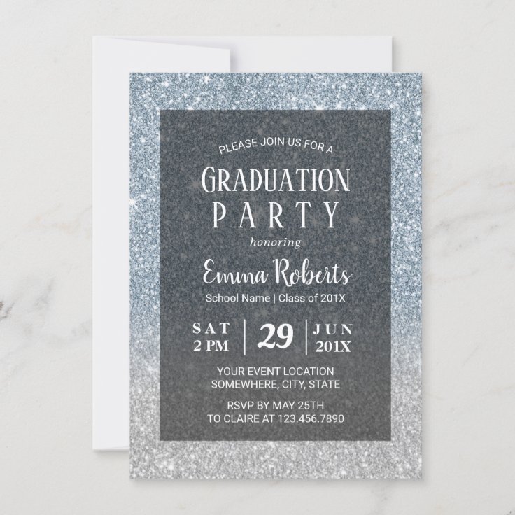 Elegant Dusty Blue & Silver Glitter Graduation Invitation | Zazzle