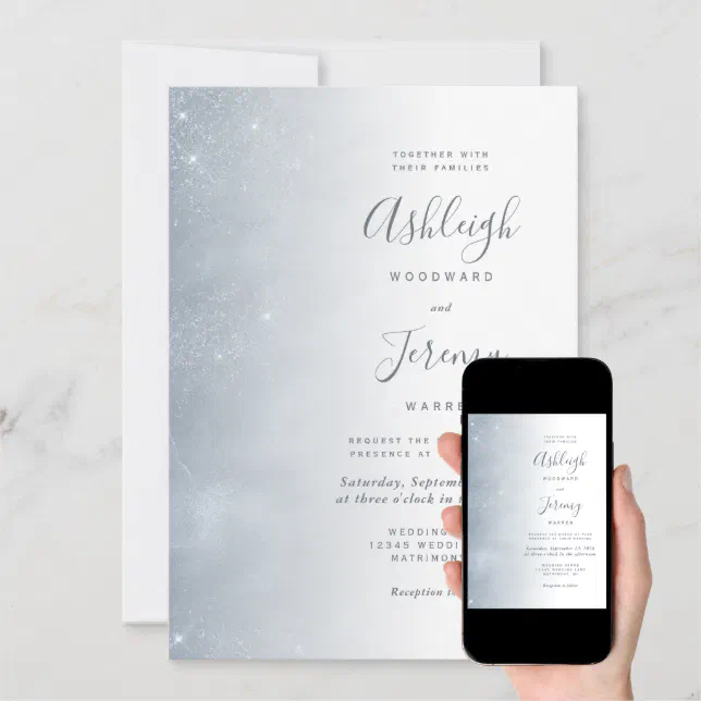 Elegant Dusty Blue Soft Sparkle Wedding Invitation | Zazzle