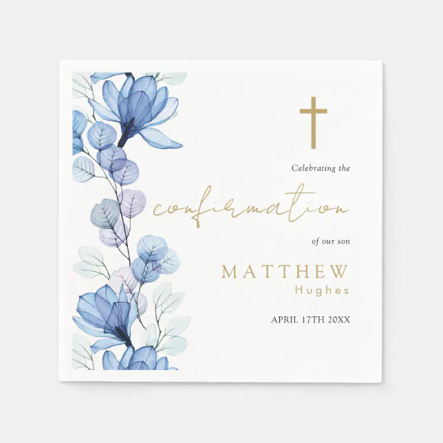 Elegant Dusty Blue Transparent Floral Confirmation Napkins | Zazzle