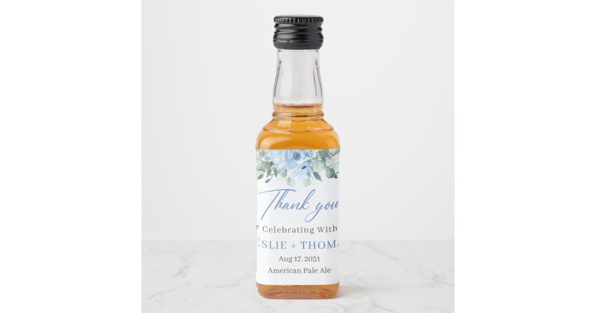 Elegant dusty blue watercolor floral eucalyptus liquor bottle label ...
