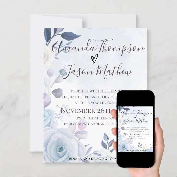 Elegant Dusty Blue Watercolor Floral Vow Renewal Invitation Zazzle