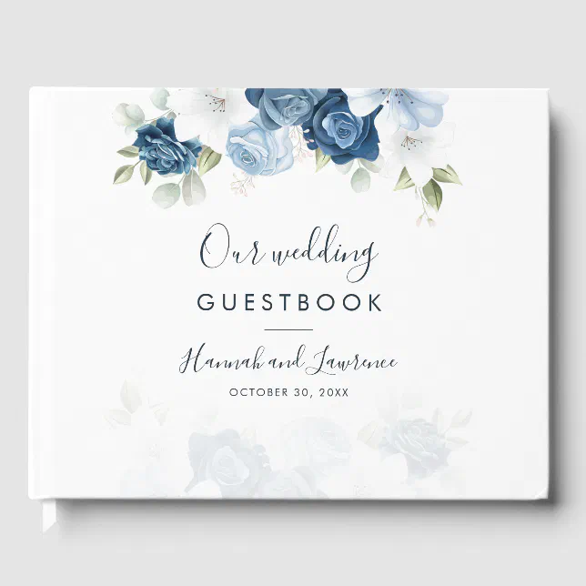 Elegant Dusty Blue Watercolor Floral Wedding Guest Book | Zazzle