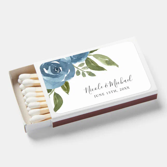 Elegant Dusty Blue Watercolor Floral Wedding Matchboxes | Zazzle
