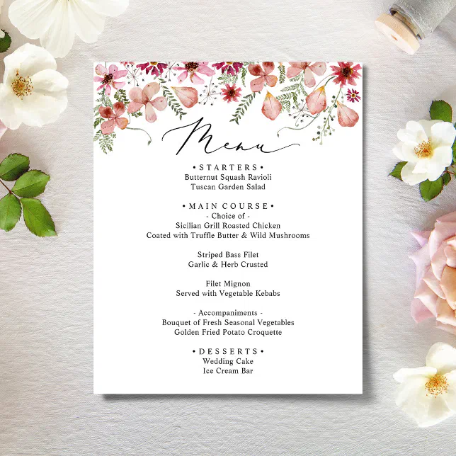 Elegant Dusty Blue Watercolor Floral Wedding Menus | Zazzle