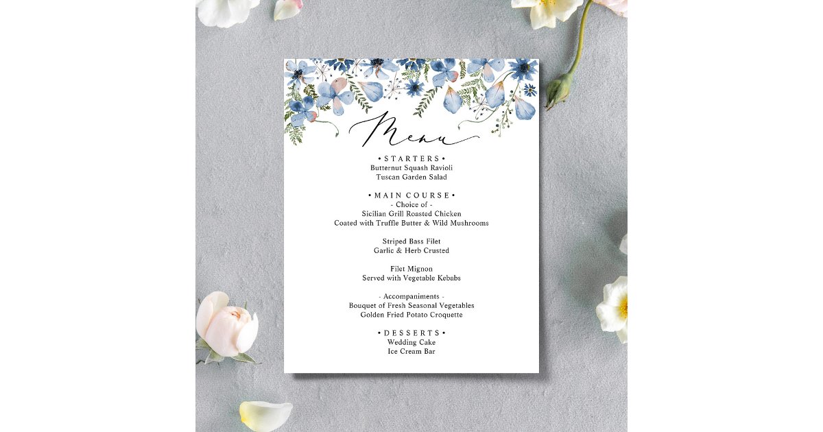 Elegant Dusty Blue Watercolor Wedding Menus | Zazzle