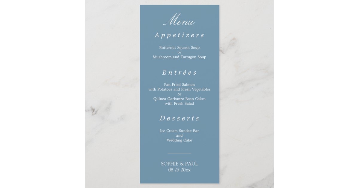 Elegant Dusty Blue Wedding Menu | Zazzle