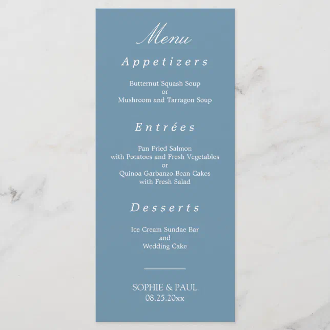 Elegant Dusty Blue Wedding Menu | Zazzle
