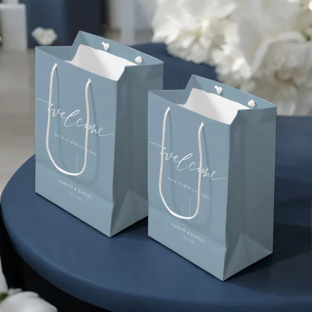 Elegant Dusty Blue Wedding Welcome Gift Bags | Zazzle