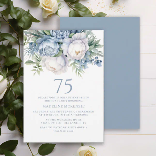 Elegant Dusty Blue White Floral 75th Birthday Invitation | Zazzle