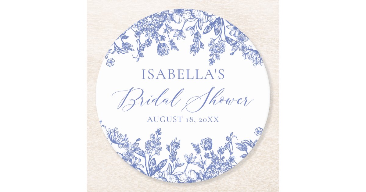 Elegant Dusty Blue Wildflower Bridal Shower Round Paper Coaster | Zazzle
