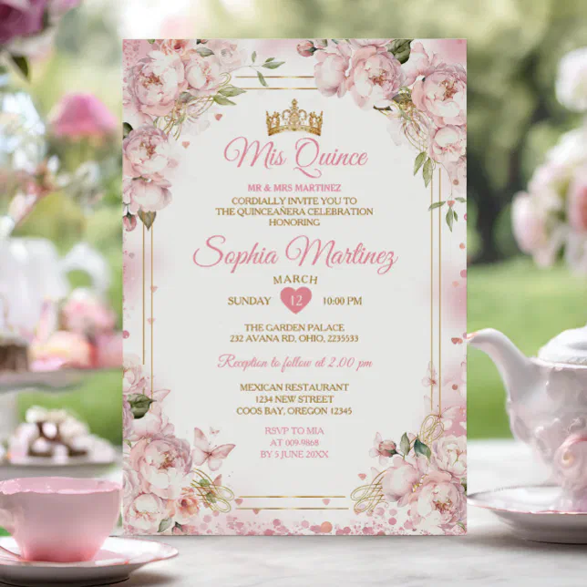 Elegant Dusty Blush Pink Flowers Gold Mis Quince Invitation | Zazzle