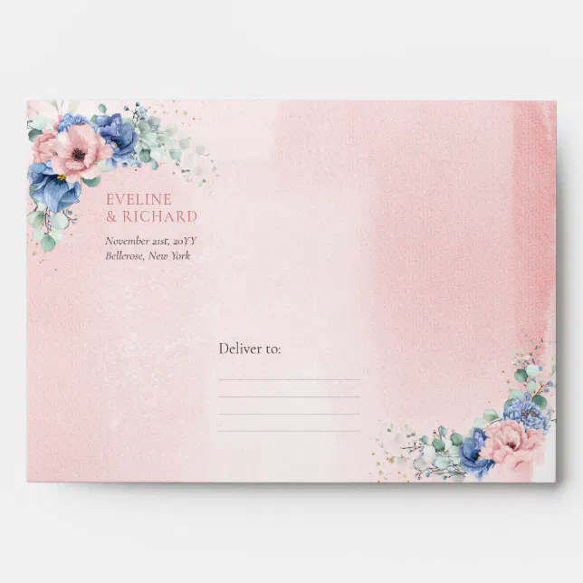 Elegant Dusty pink and blue floral Gold frame Envelope | Zazzle