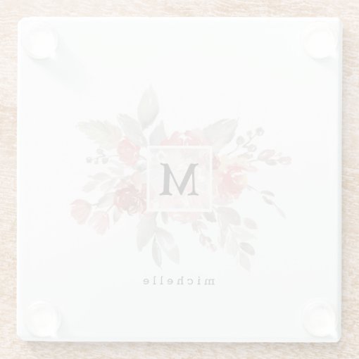 Elegant Dusty Pink Gray Flower Monogram Glass Coaster | Zazzle