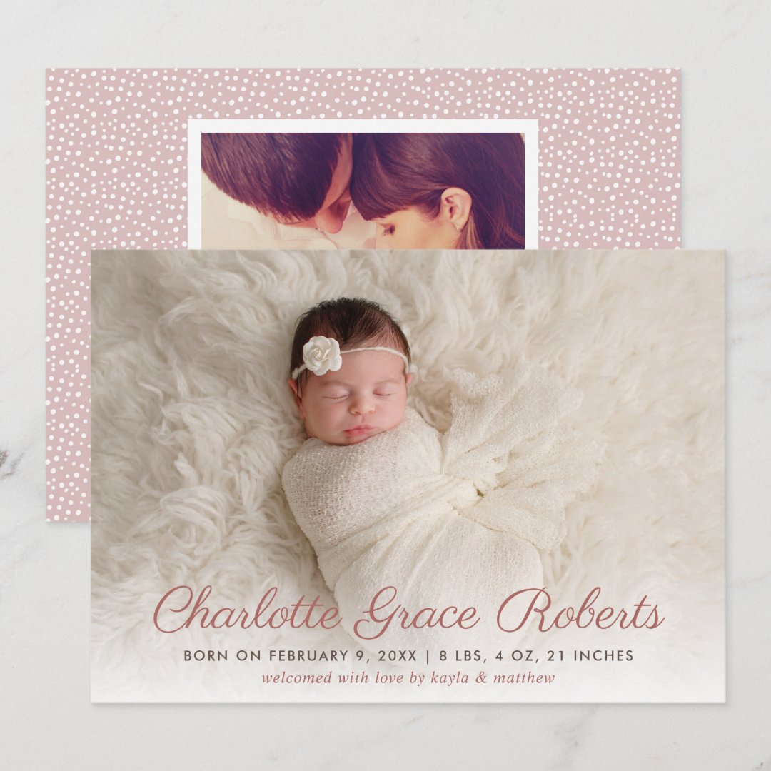 Elegant Dusty Pink Script Baby Girl Photo Birth Announcement | Zazzle