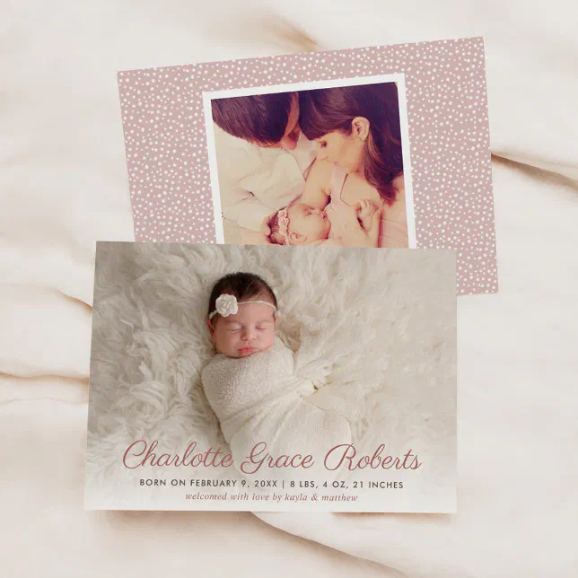 Elegant Dusty Pink Script Baby Girl Photo Birth Announcement | Zazzle