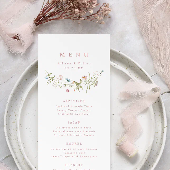 Elegant Dusty Pink Wildflower Rustic Boho Wedding Menu | Zazzle