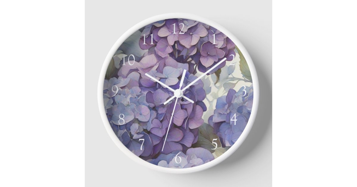 Elegant dusty purple blue watercolor hydrangeas clock | Zazzle