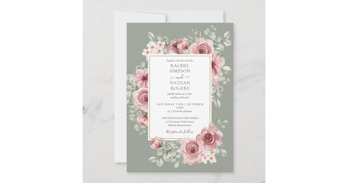 Elegant Dusty Rose Floral Sage Green Wedding Invitation | Zazzle