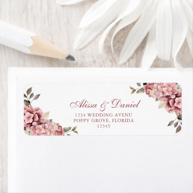 Elegant Dusty Rose Hydrangea Wedding Address Label | Zazzle