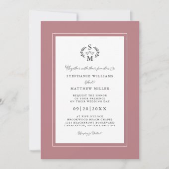 Elegant Dusty Rose Initials Calligraphy Wedding Invitation | Zazzle