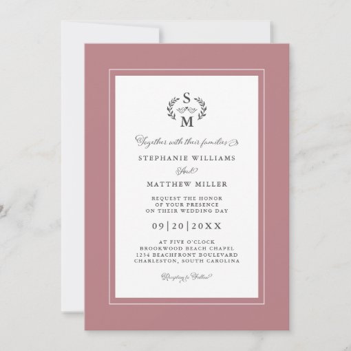 Elegant Dusty Rose Initials Calligraphy Wedding Invitation | Zazzle