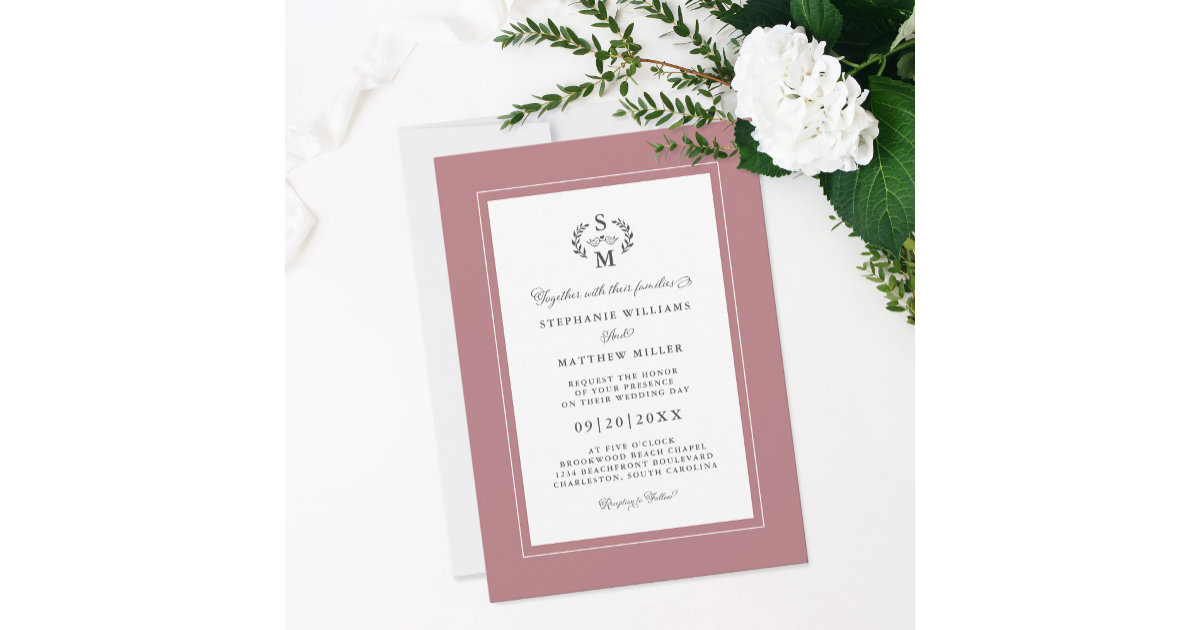 Elegant Dusty Rose Initials Calligraphy Wedding Invitation | Zazzle