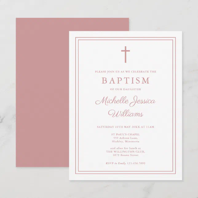Elegant Dusty Rose Pink Border Baptism Invitation Postcard | Zazzle