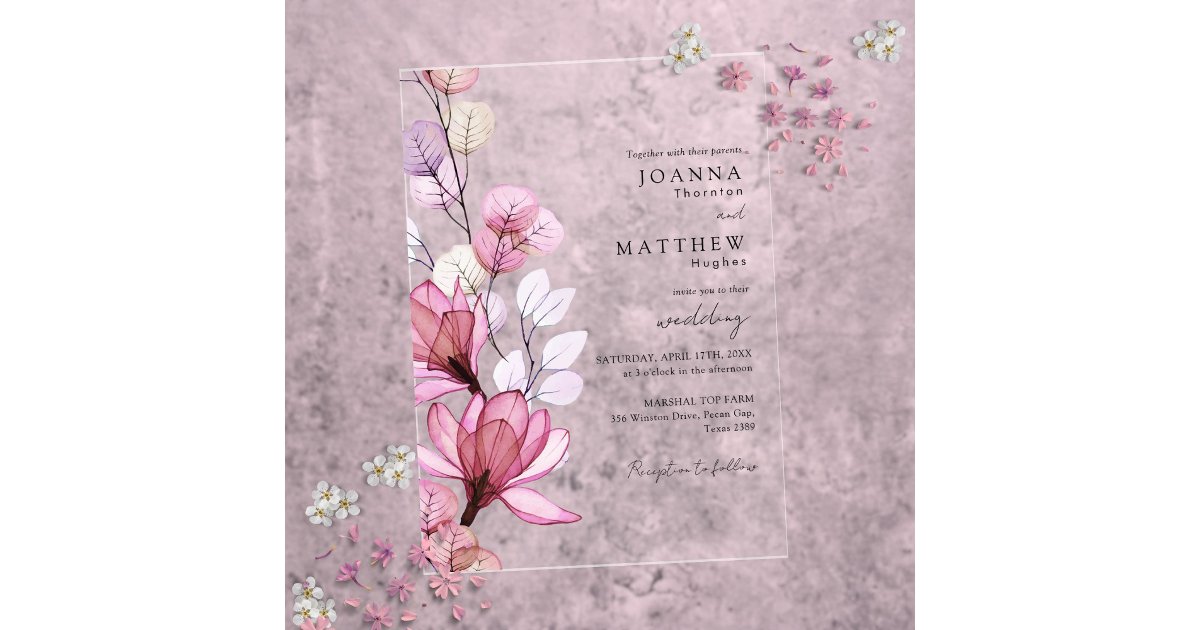 Elegant Dusty Rose Transparent Floral Wedding Acrylic Invitations | Zazzle