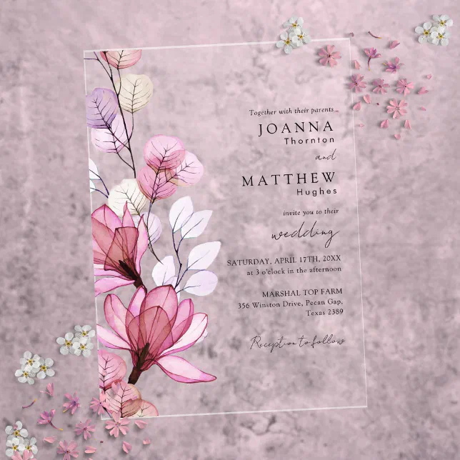Elegant Dusty Rose Transparent Floral Wedding Acrylic Invitations | Zazzle