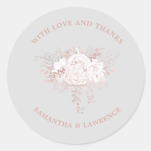 Elegant Dusty Rose White Floral Grey Wedding Classic Round Sticker | Zazzle