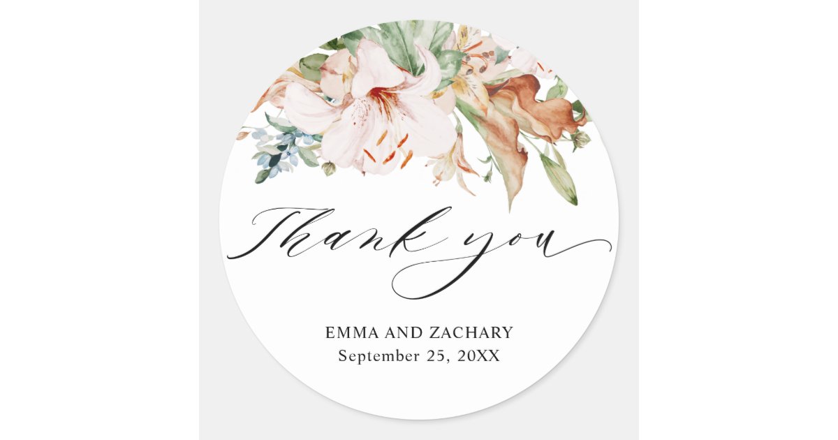 Elegant Earthy Blooms Wedding Thank You Favor Classic Round Sticker ...