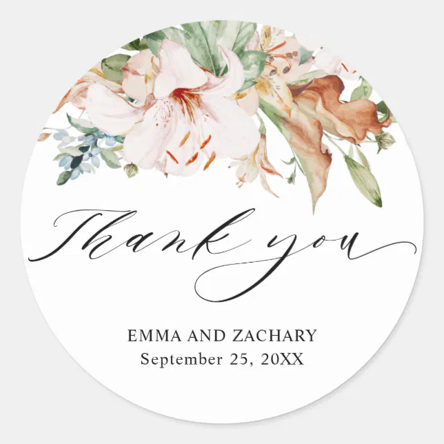 Elegant Earthy Blooms Wedding Thank You Favor Classic Round Sticker ...