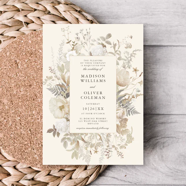 Elegant Earthy Floral Cream Chic Wedding Invitation | Zazzle