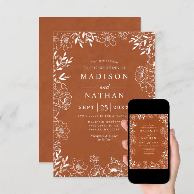 Elegant Earthy Flower Terracotta Wedding Invitation | Zazzle